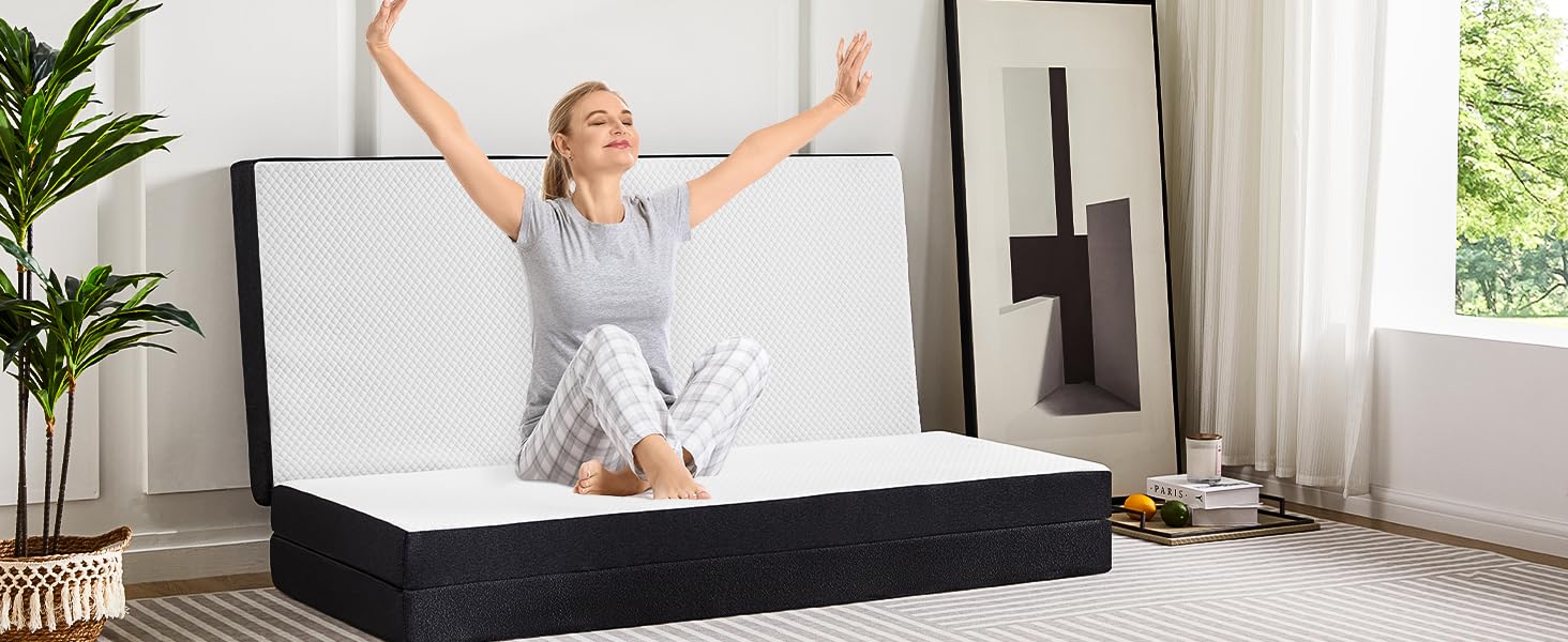 Queen Size Tri-Fold Mattress, 3 Inch Memory Foam Portable Bed Pad with ...