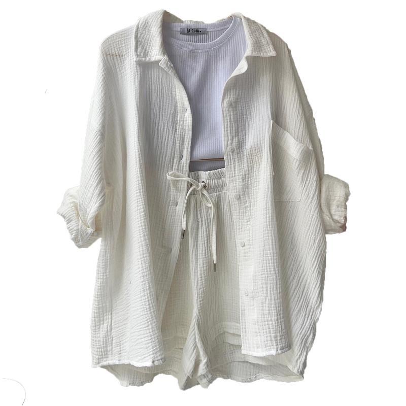 Women's Two-Piece Set home dress Collar Long Sleeve Shirt High Waist ...