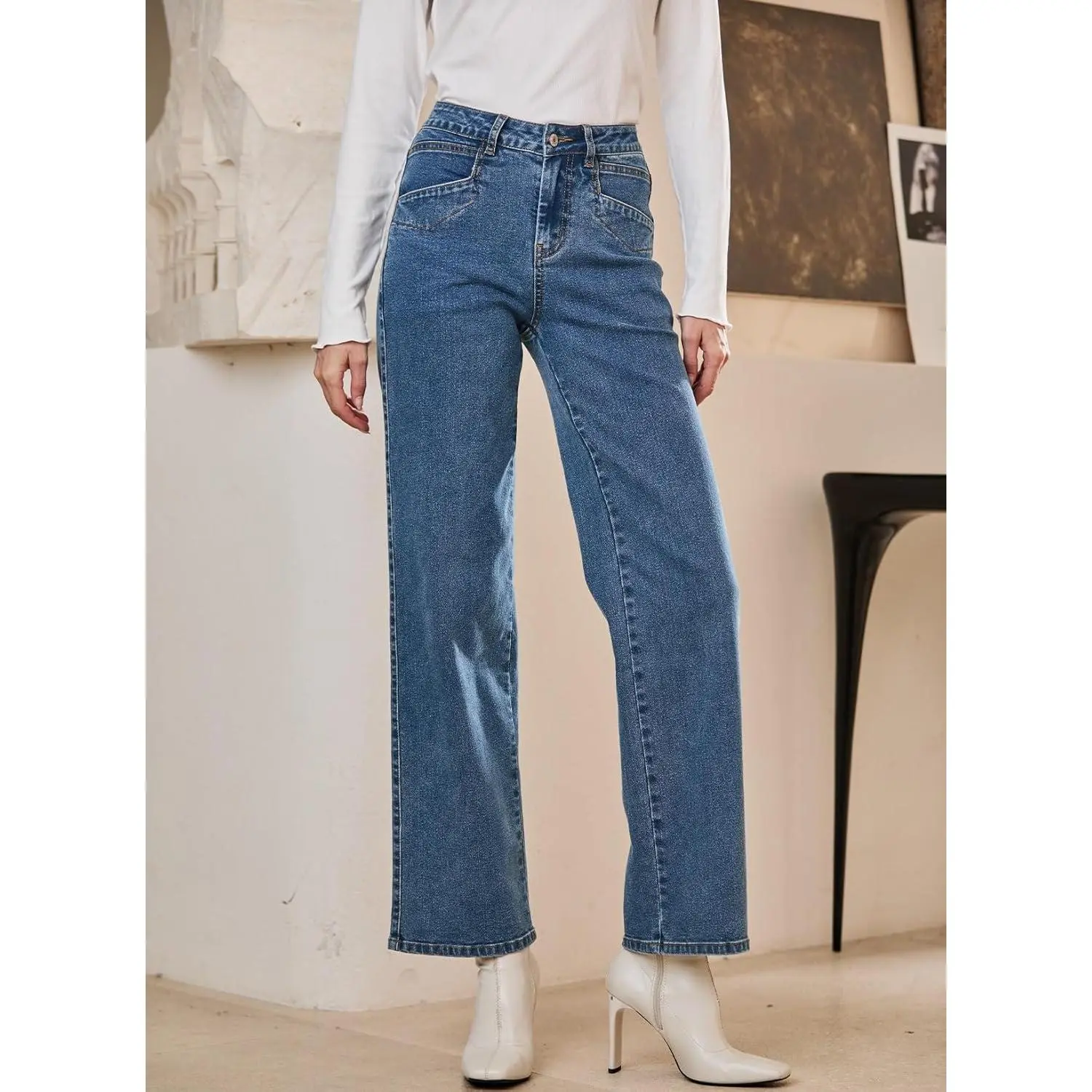Women's Straight Leg Jeans High Waisted Stretchy Jeans Wide Leg Ankle ...