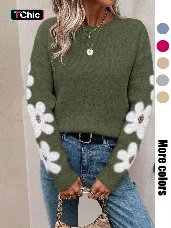 Women's Floral Print Drop Shoulder Sweater, Casual Long Sleeve Round Neck Jumper for Fall ...