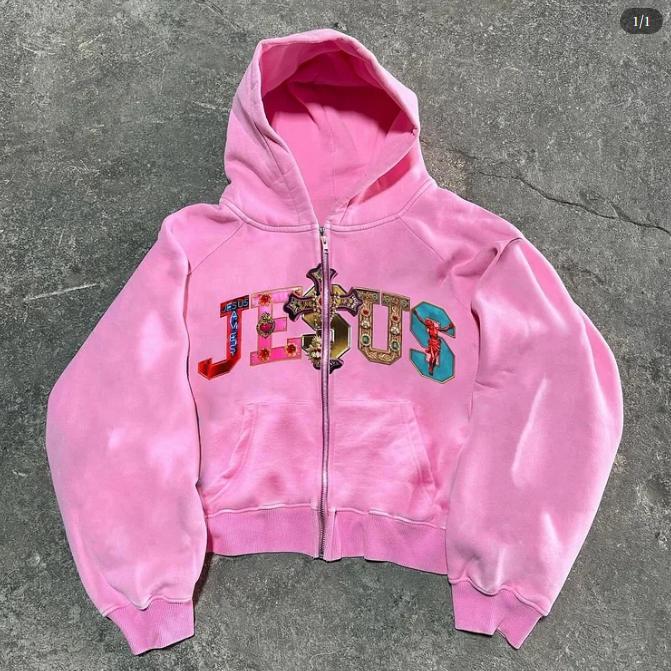 Vintage Pink Y2K Jesus Printed Zipper Hoodie Streetwear Hoodie Harajuku ...