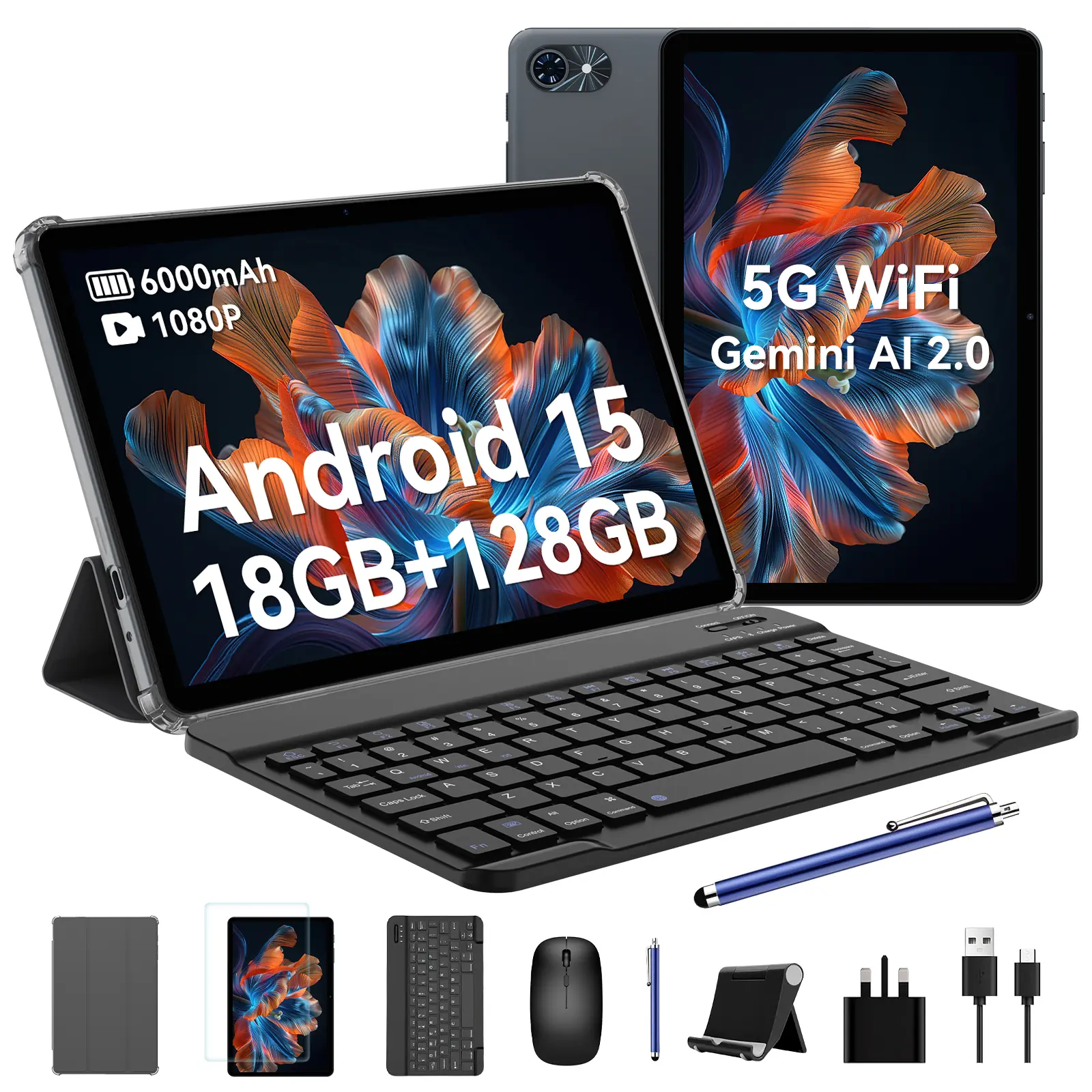 10inch Tablet Android 15, 8 in 1 Tablets with Keyboard Pen, 18GB+128GB ...