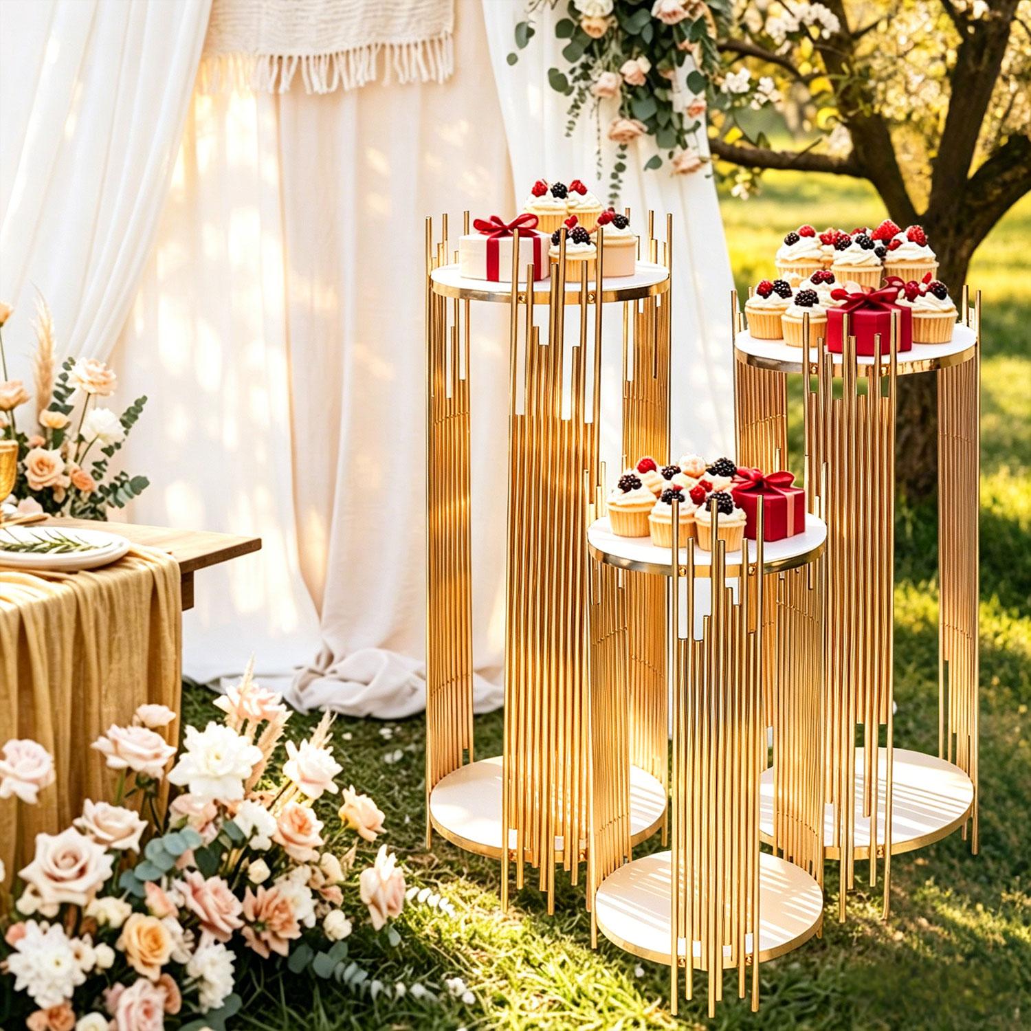 Gold Metal Cylinder Pedestal Stands Set of 3, Round Dessert Table ...