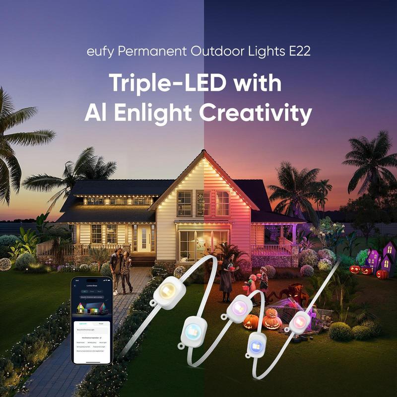 eufy Permanent Outdoor Light E120, 100ft with 60 Dual-LED RGB and Warm White Eave Lights, App ...