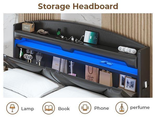 Sikaic LED Floating PU Leather Upholstered Bed Frame Black with Secret ...