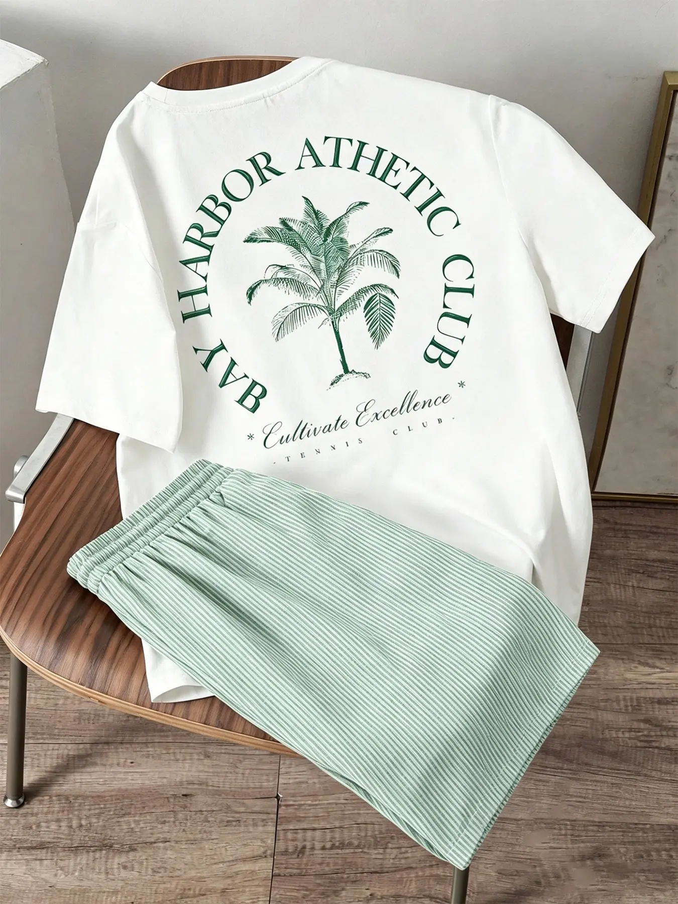 2 Piece Men's Old Money Tennis Club Outfit White Palm Tree Graphic ...