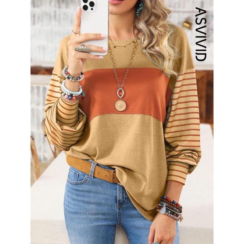 Women's Colorblock & Striped Print Drop Shoulder Tee, Casual Long ...