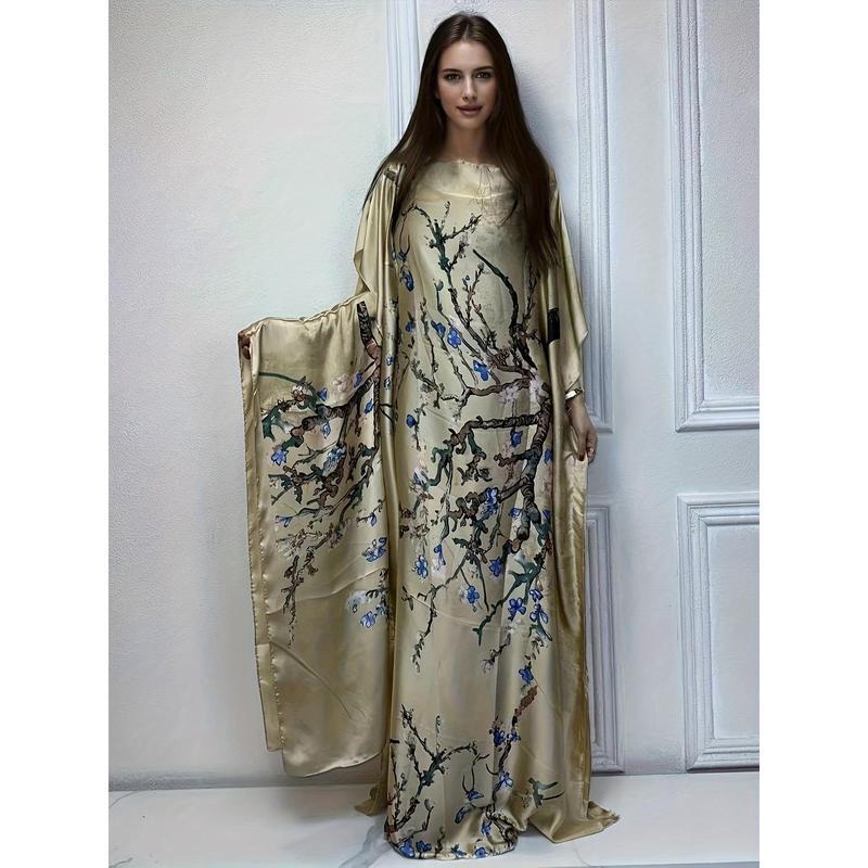 Tree Print Crew Neck Kaftan Dress, Elegant Batwing Sleeve Loose Fit ...