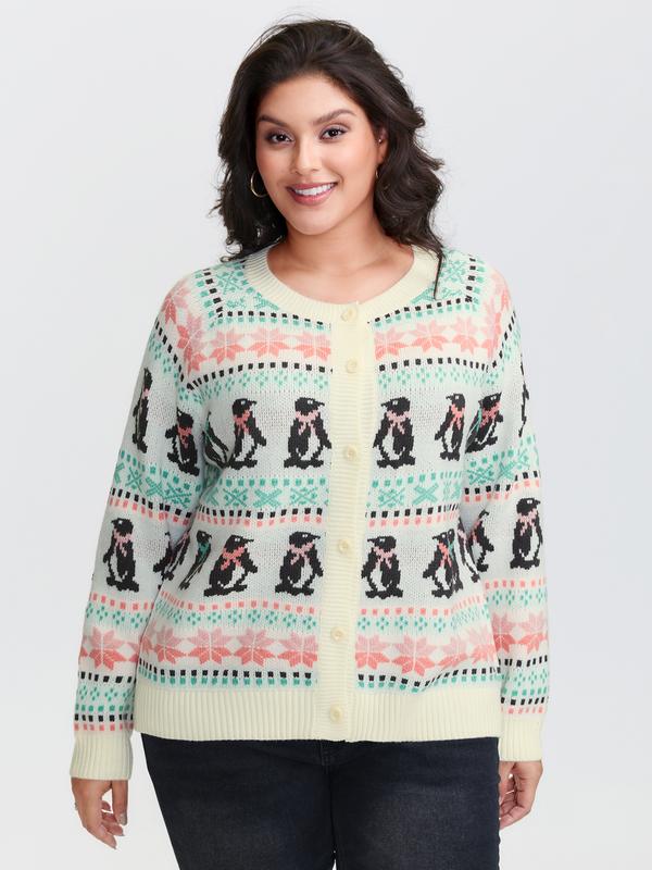 BLOOMCHIC Supersoft Festive Penguin Pattern Jacquard Knit Cardigan ...
