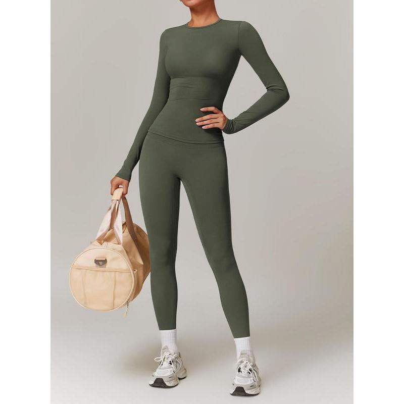 Women's Solid Long Sleeve Skinny Tee & High Waist Leggings Tracksuit ...