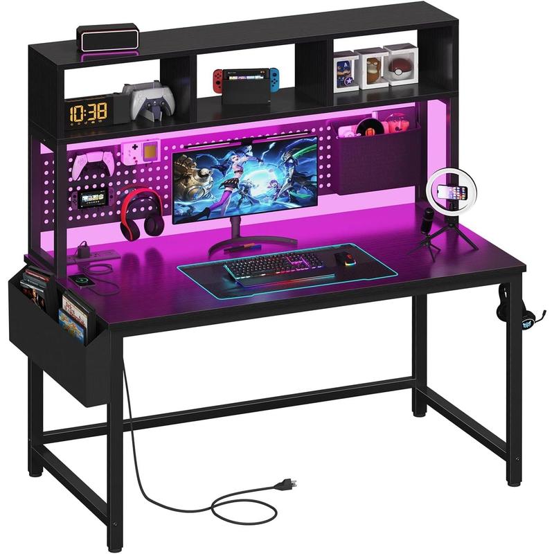 47 Inch Black Gaming Desk with Hutch, Pegboard, Shelves Storage & Power ...