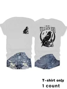 Women's Raven & Feather Print Round Neck Tee, Fashion Casual Crewneck T ...