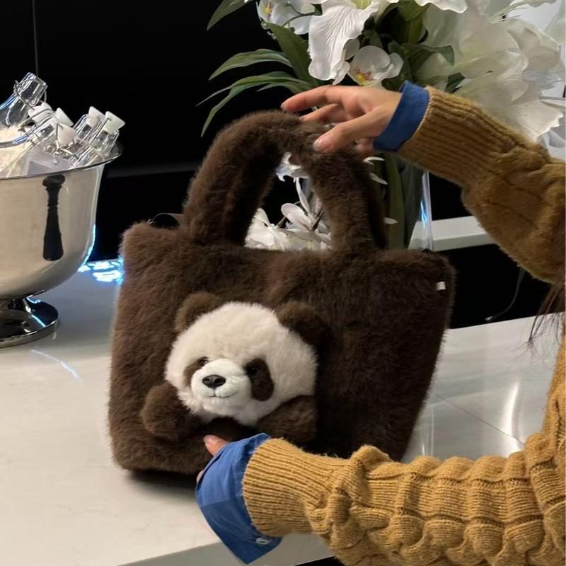 Cute Brown Panda Plush Tote Bag - Fluffy Faux Fur Shoulder Bag - Kawaii ...