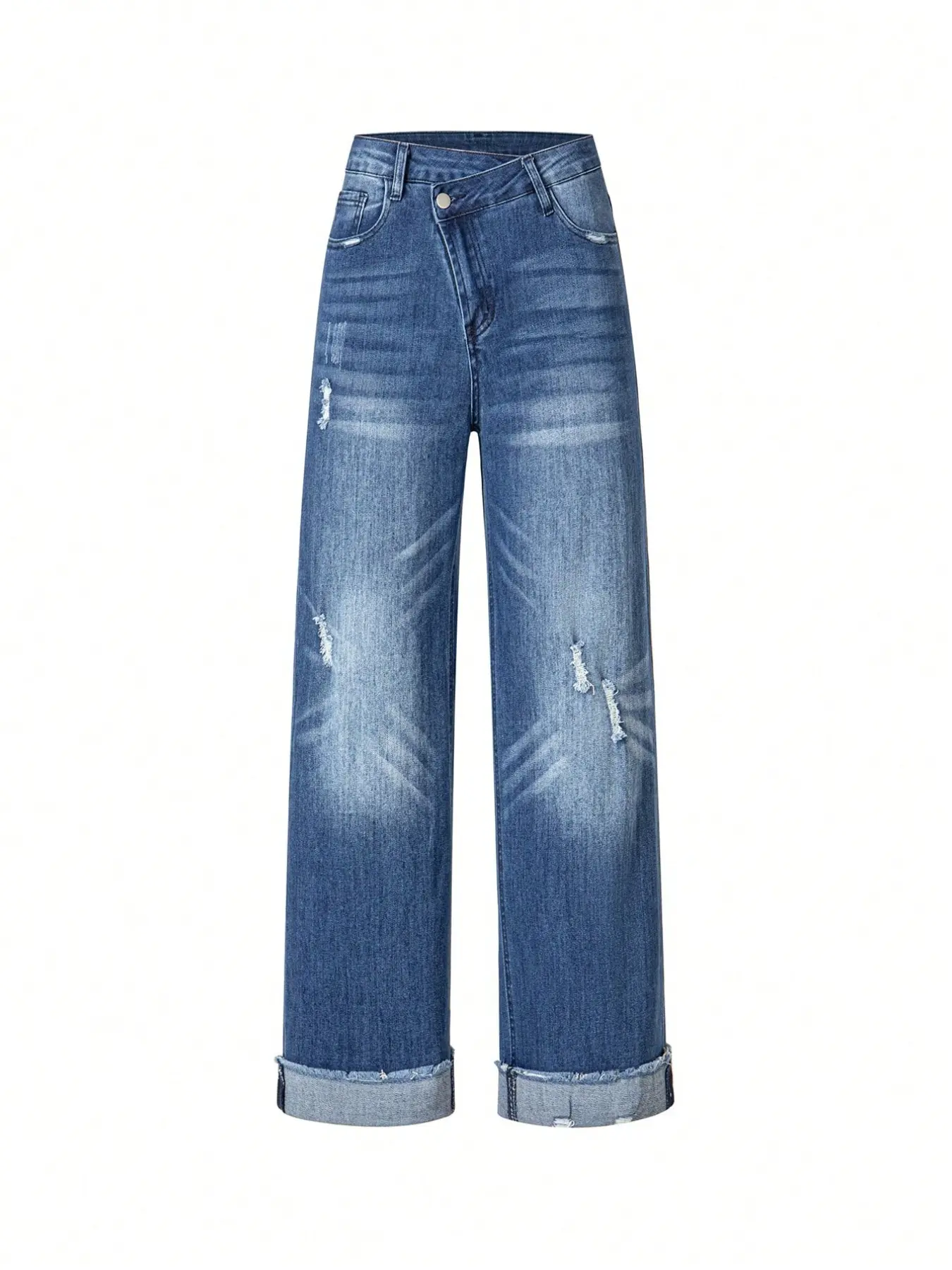 Women's Solid Color Fitted Asymmetrical Button Ripped Jeans, Casual ...