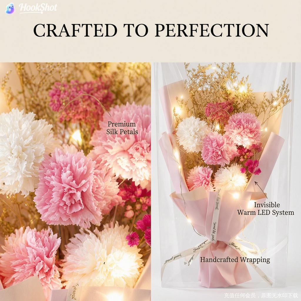 【Mother’s Day】Light-Up Carnation Bouquet Gift Handmade Artificial ...