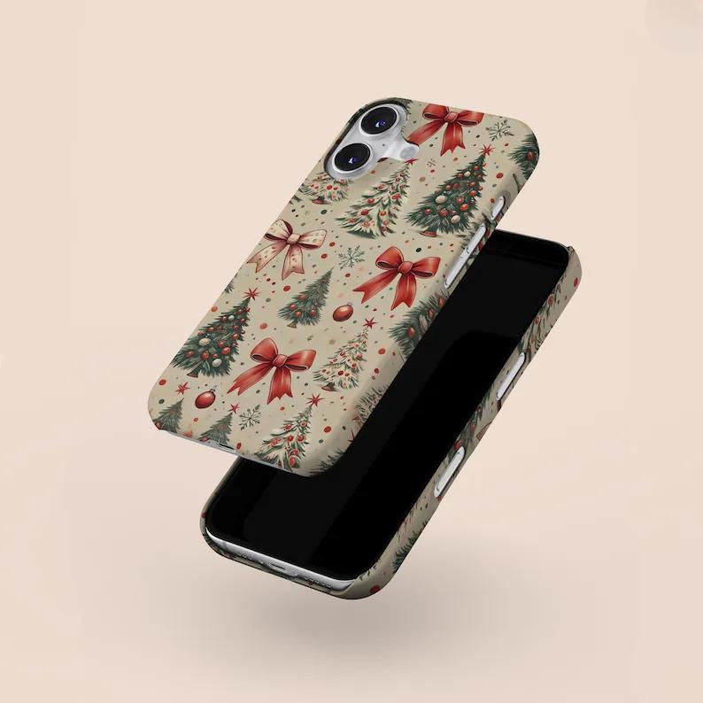 Christmas iPhone Case – Holiday Tree & Red Bow Design, Festive ...