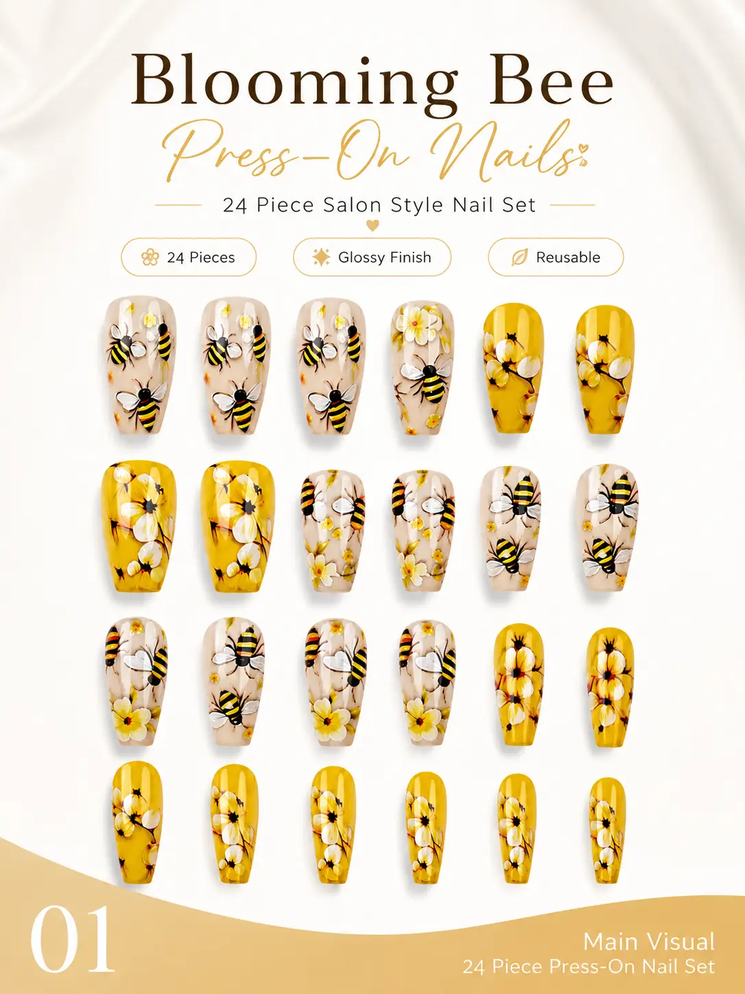 24Pcs Bee Floral Press on Nail Sets Yellow Nude Medium Square False ...