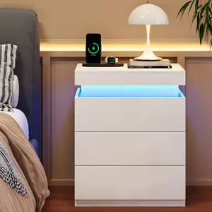 Modern Nightstand with Sliding Top Charging Station LED Lights 3 ...