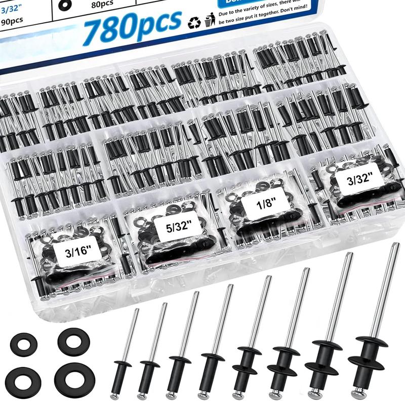 780 count Black Pop Rivets with Washer Assortment Kit 14-Sizes SAE ...