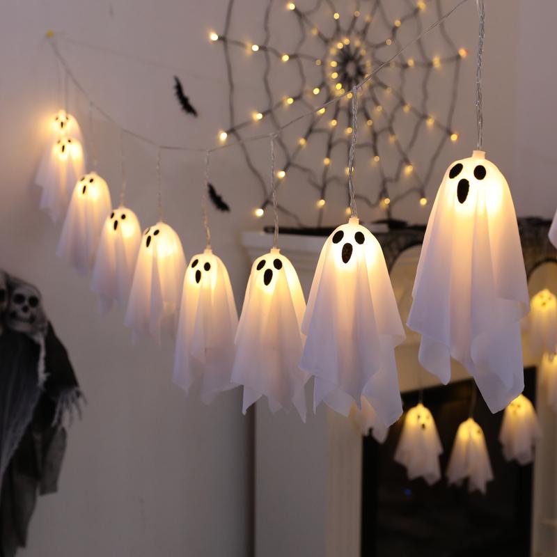 Halloween Ghost String Lights Set, 10 Hanging Ghosts & Ice Strip Lights ...