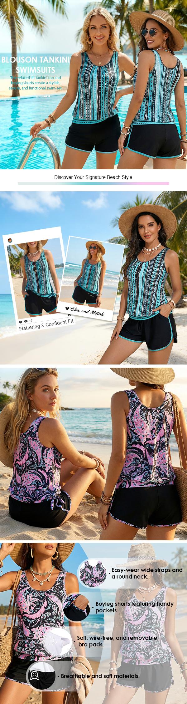 Hilor Women's Modest Tankini Swimsuits Tummy Control Two Piece Bathing ...