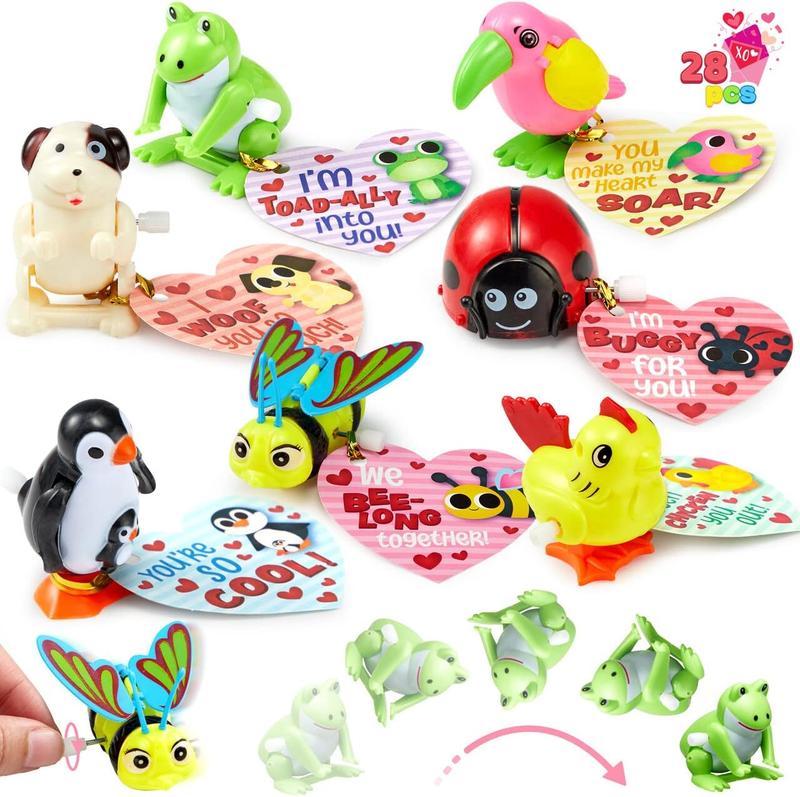 JOYIN 28PCS/16pcs Valentines Wind-up Toy Set with 7 Designs Cards ...