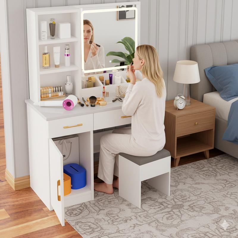 32"W 2 Drawers Vanity Desk with Power Outlet, Makeup Table with Lighted ...