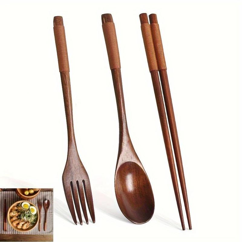 Wooden Tableware Set, 3 Counts/set Including Spoon, Chopsticks & Fork ...