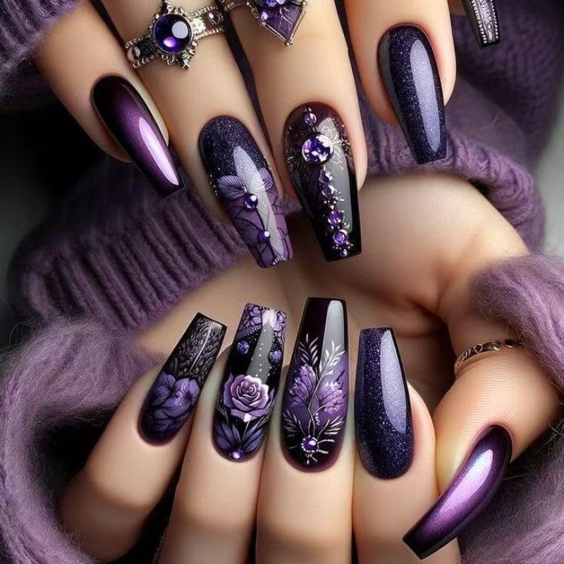Press On Nails Long Square Gradient Purple Flower Black French Tip Full ...