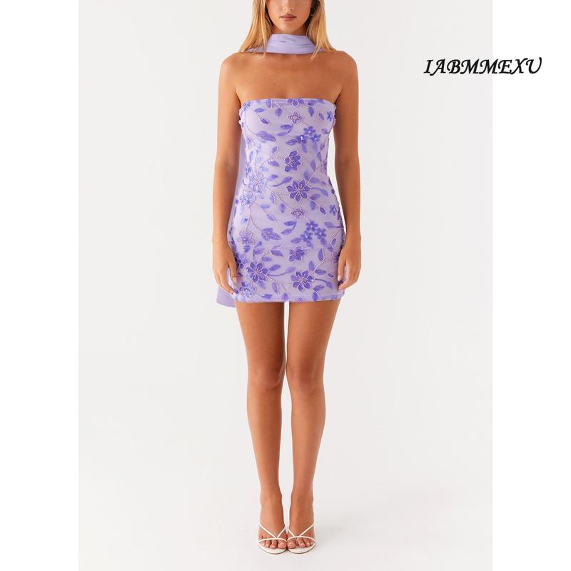 Women Sequin Sparkly Floral Tube Mini Dress with Scarf Y2k Sexy Pearl ...