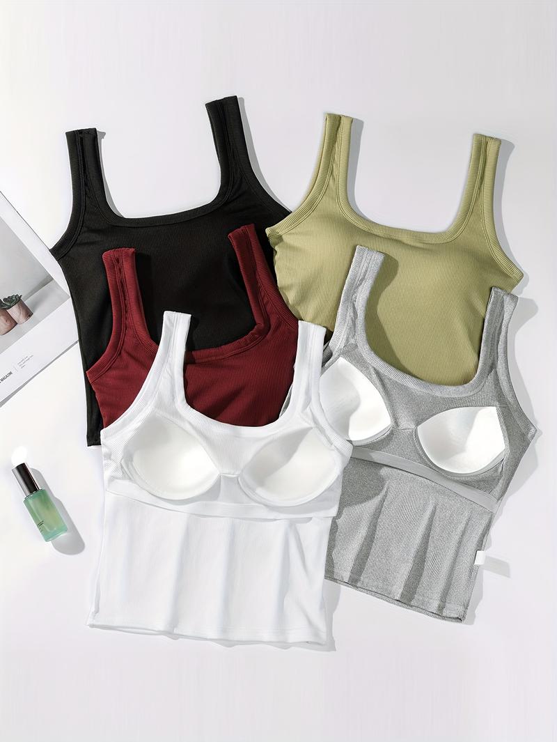 JOINBUY Women's Built-in Bra Ribbed Tank Top U-Back Cami with Fixed ...