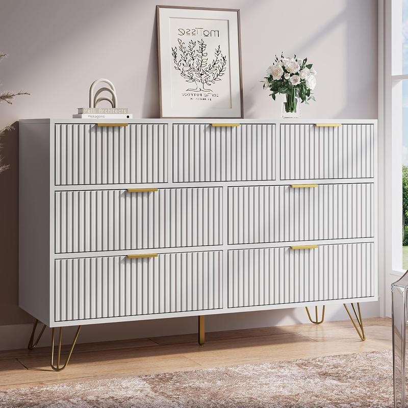 Modern White Dresser for Bedroom, 7 Drawer Dresser with Gold Pulls ...