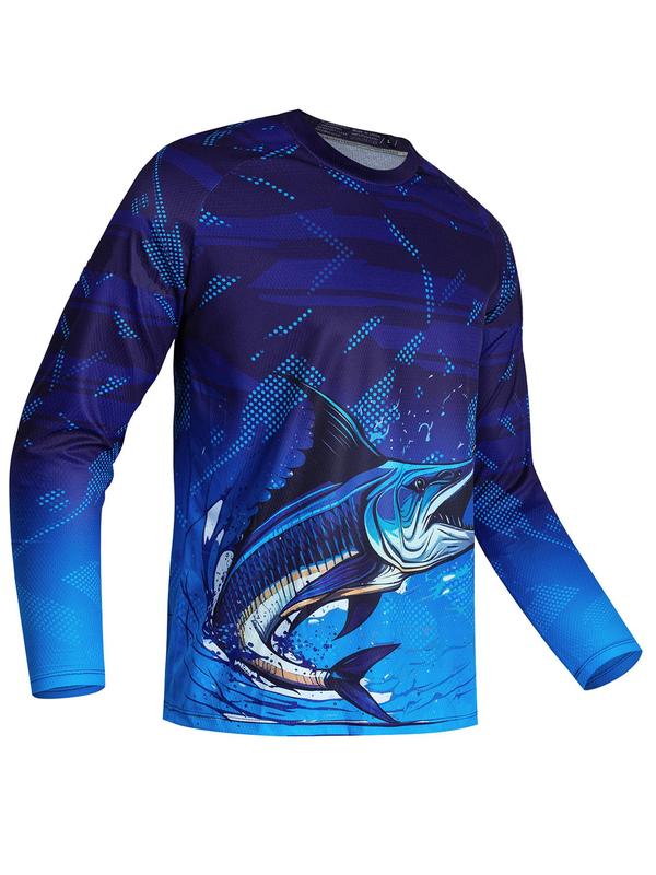 Men's Fish Print Round Neck Raglan Sleeve Sports Tee, Regular Fit Long ...