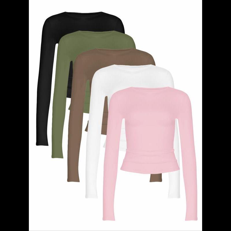Women's Solid Ruched Long Sleeve Crop Lounge Tee, Casual Comfy Round Neck T-shirt for Daily Wear ...