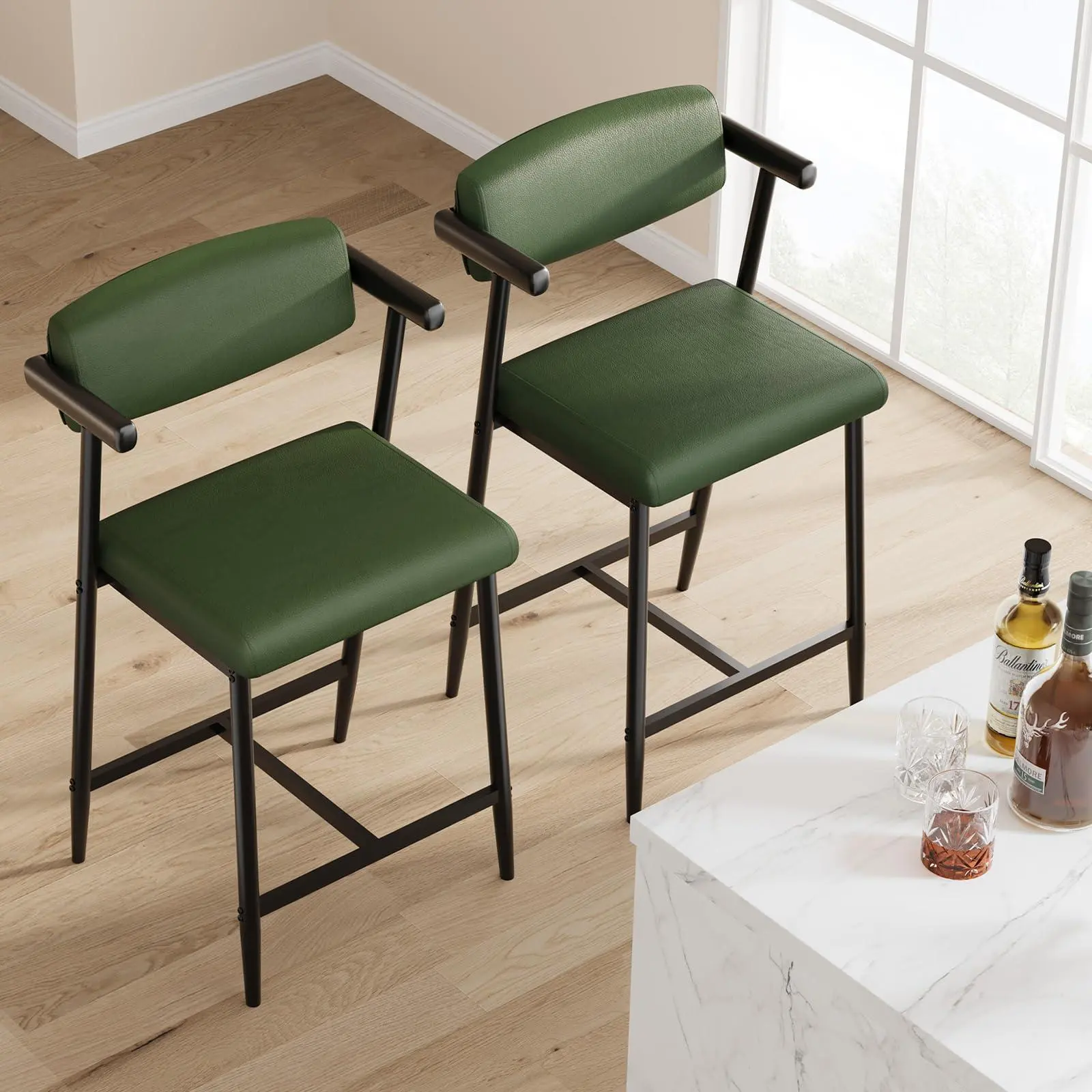 Counter Height Bar Stools Set of 2 with Arms, Upholstered Barstool with ...