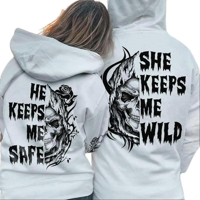 Skull Couple - All Over Hoodie She Keeps Me Wild He Keeps Me Safe 2 ...