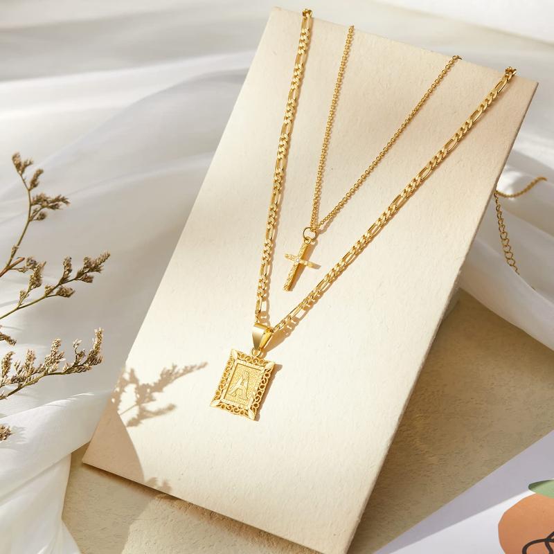 Gold Layered Initial Cross Necklace, 14K Gold Plated Layering Square ...