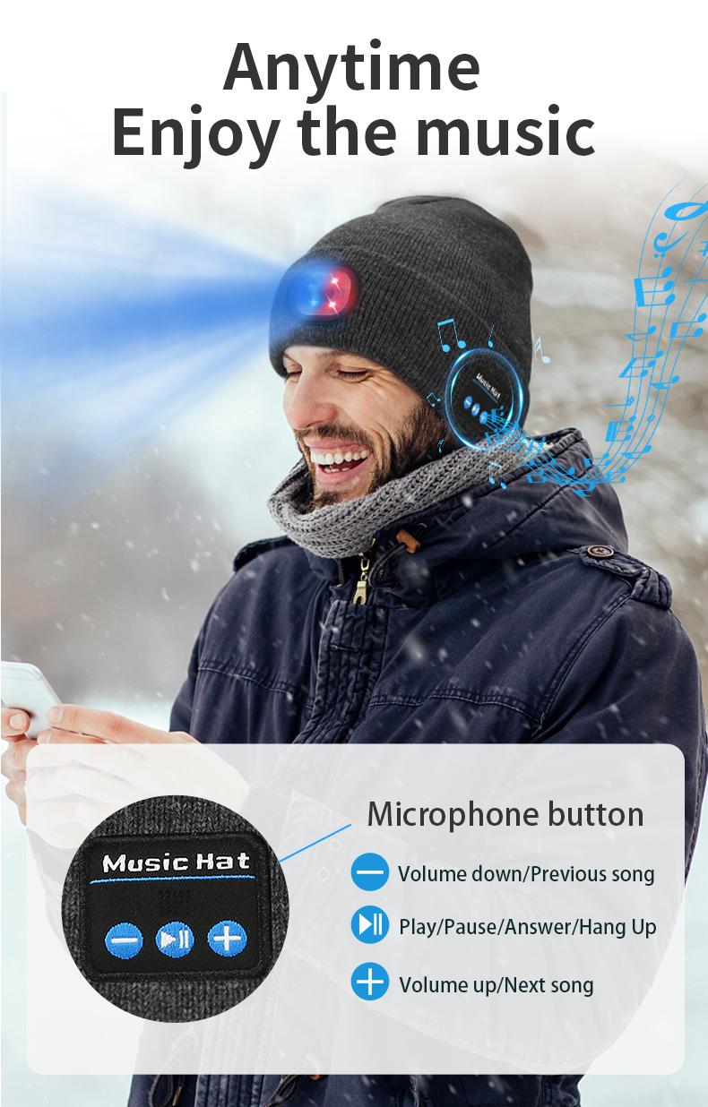 Bluetooth Beanie with LED Light, Wireless Music Knit Hat with Built-in ...