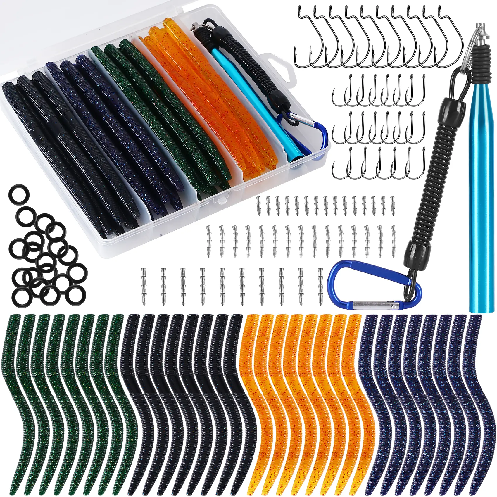133pcs Wacky Worm Fishing Lure Kit Soft Plastic Worms Grub Baits Hooks ...