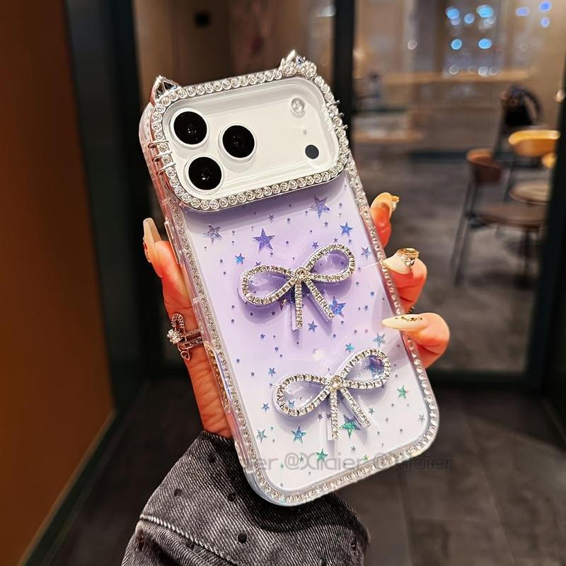 3D Cat Ears Luxury Rhinestone Bow Phone Case with Crystal Chain, Star ...
