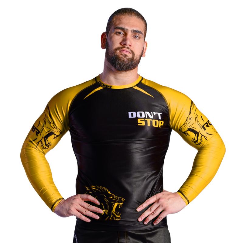ROAR-INT Yellow-Black Long Sleeve Men’s MMA BJJ No-Gi Training Grappling Compression Rash Guard ...