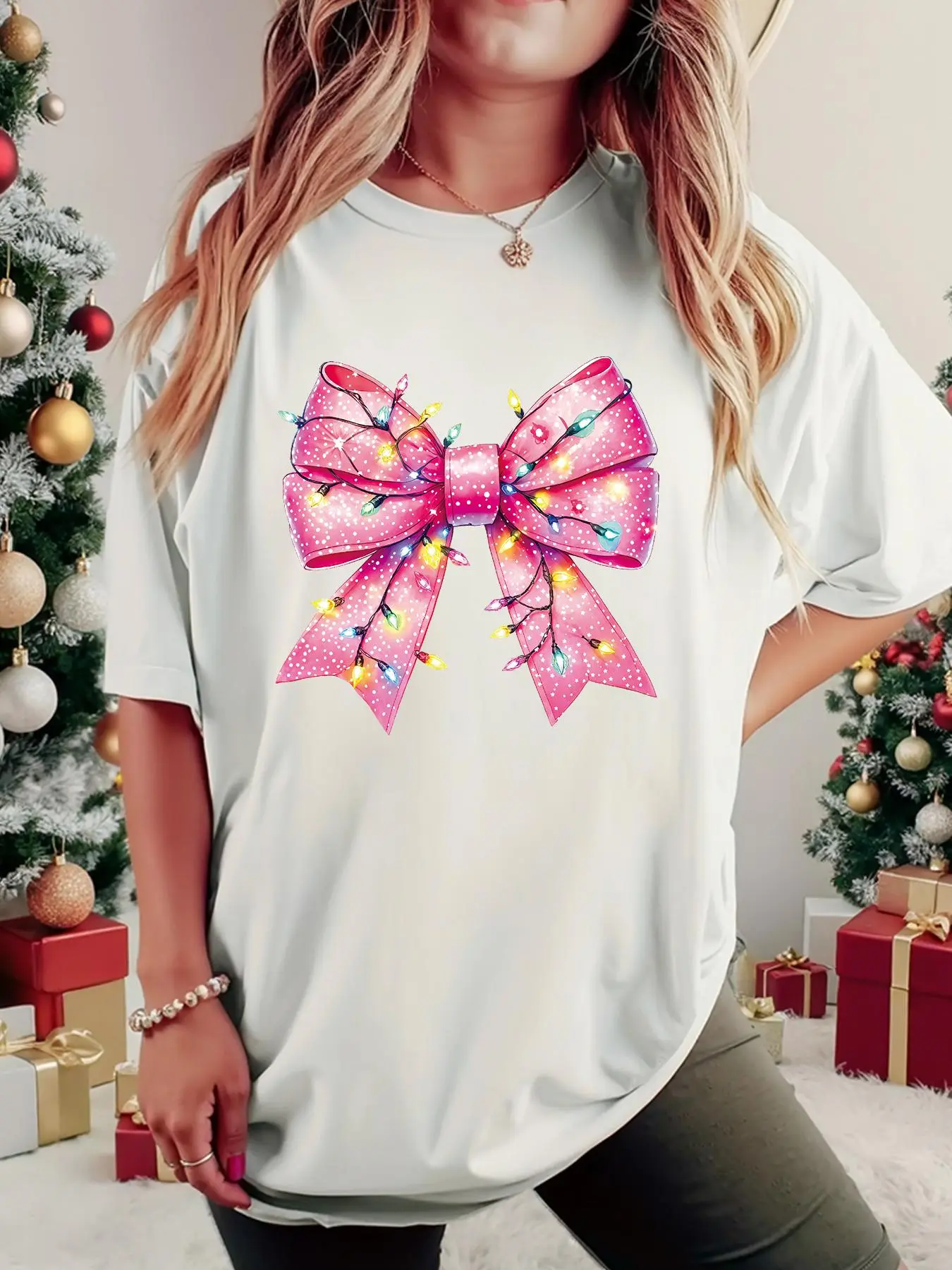 Women's Cartoon Christmas Bowknot Print Drop Shoulder Tee, Casual Half ...