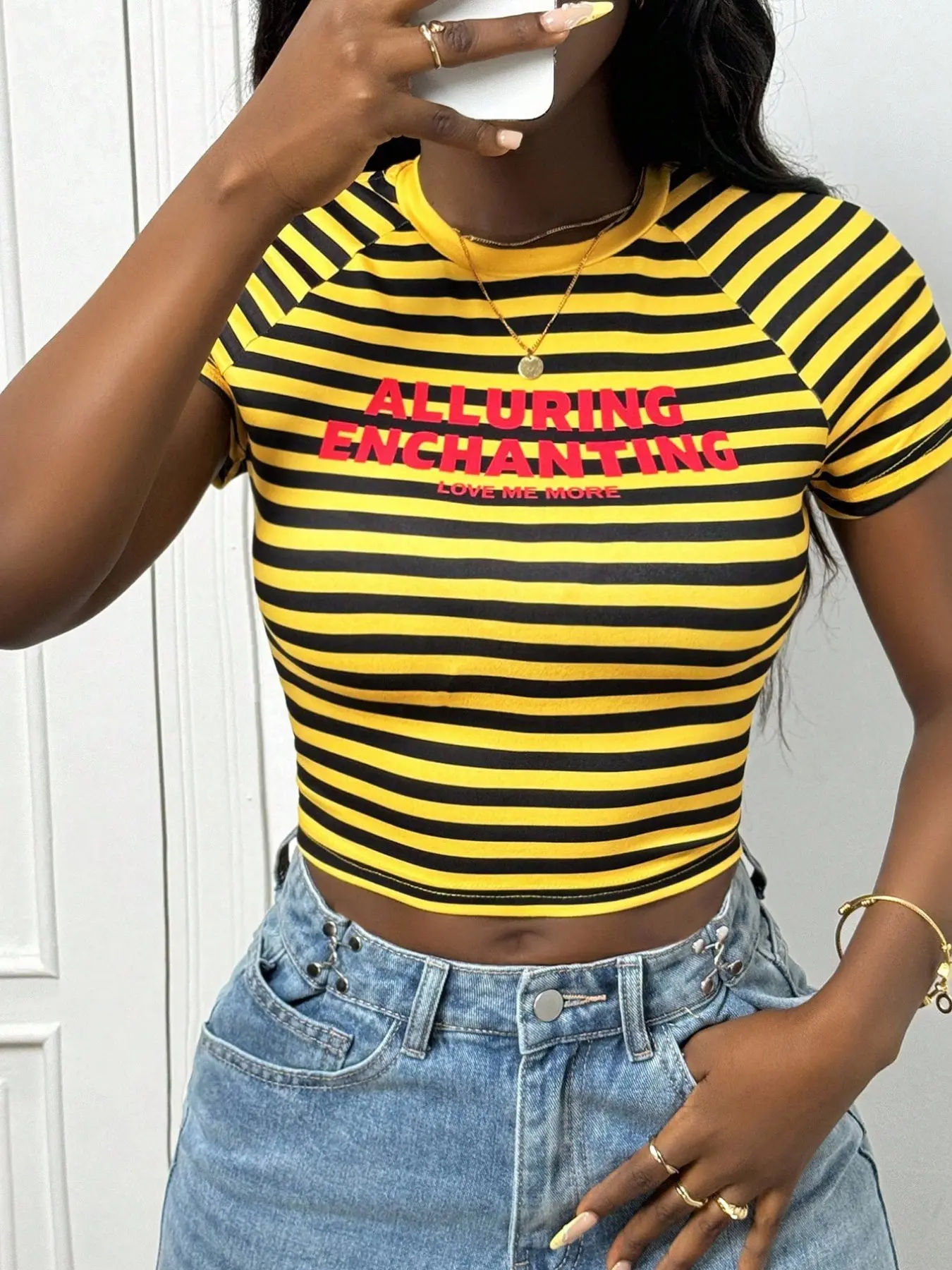 Yellow Black Striped Slogan Print Form-Fitting Short Sleeve Round Neck ...