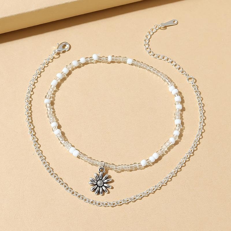 Colorless Anklet Set of 2 with Flower-Shaped Pendant, Adjustable Hollow ...