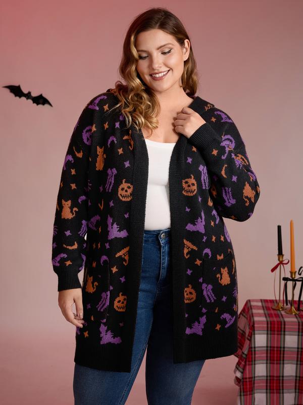 BLOOMCHIC Halloween Party Print Hooded Pocket Cardigan - Long Sleeve ...