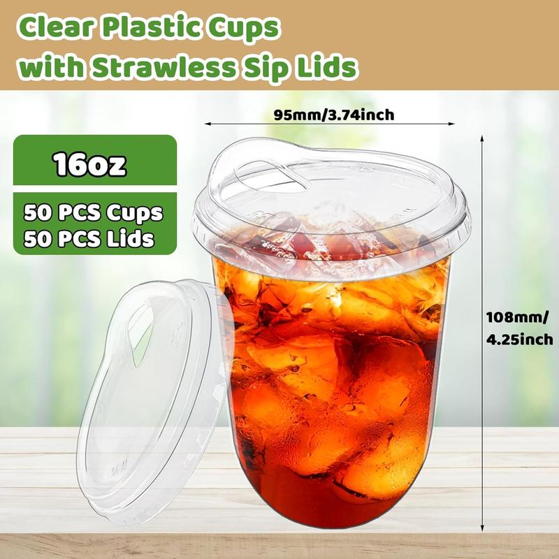 50 Pack Clear Plastic Cups with Strawless Sip Lids,16 oz Iced Coffee ...