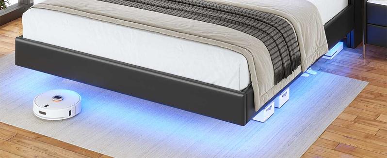 Sikaic LED Floating PU Leather Upholstered Bed Frame Black with Secret ...