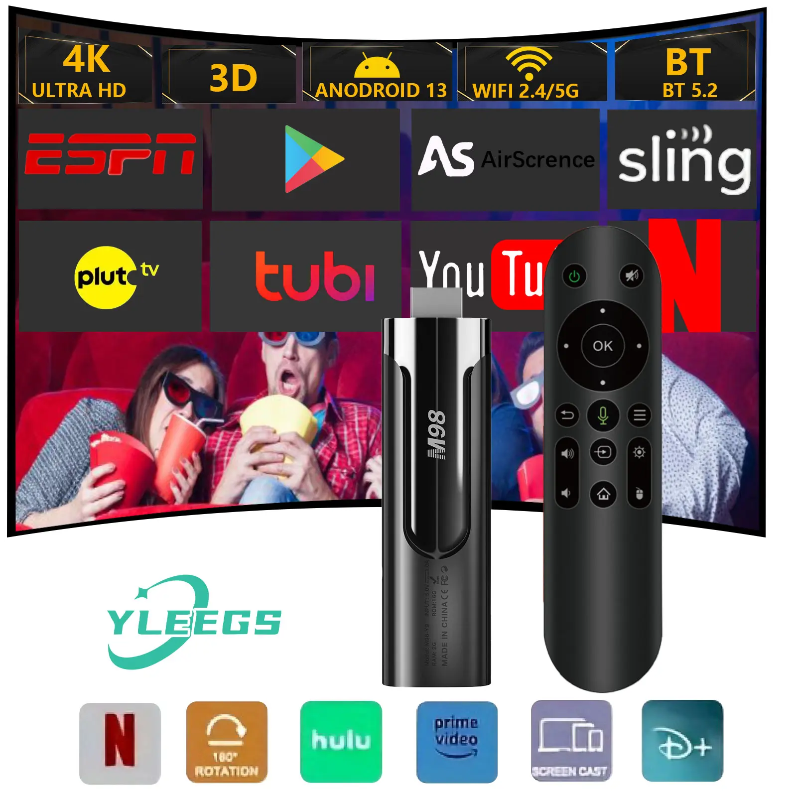 2025 New YLEEGS M98-Y9-Black Android 13 Smart TV Stick Compatible with ...
