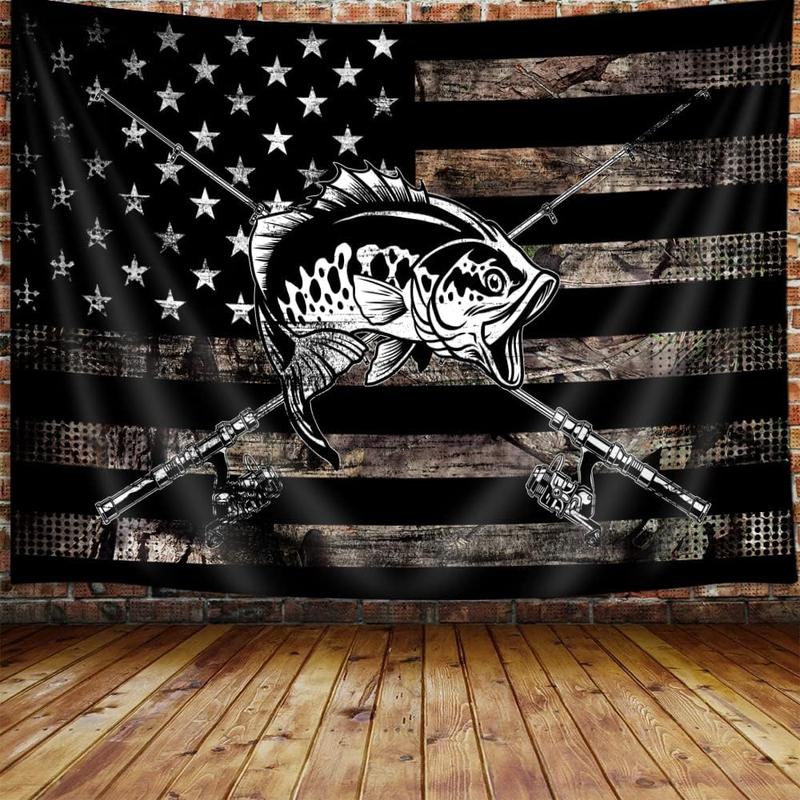 Country American Flag Fishing Tapestry, Rustic Hunting Camo Bass Fish ...
