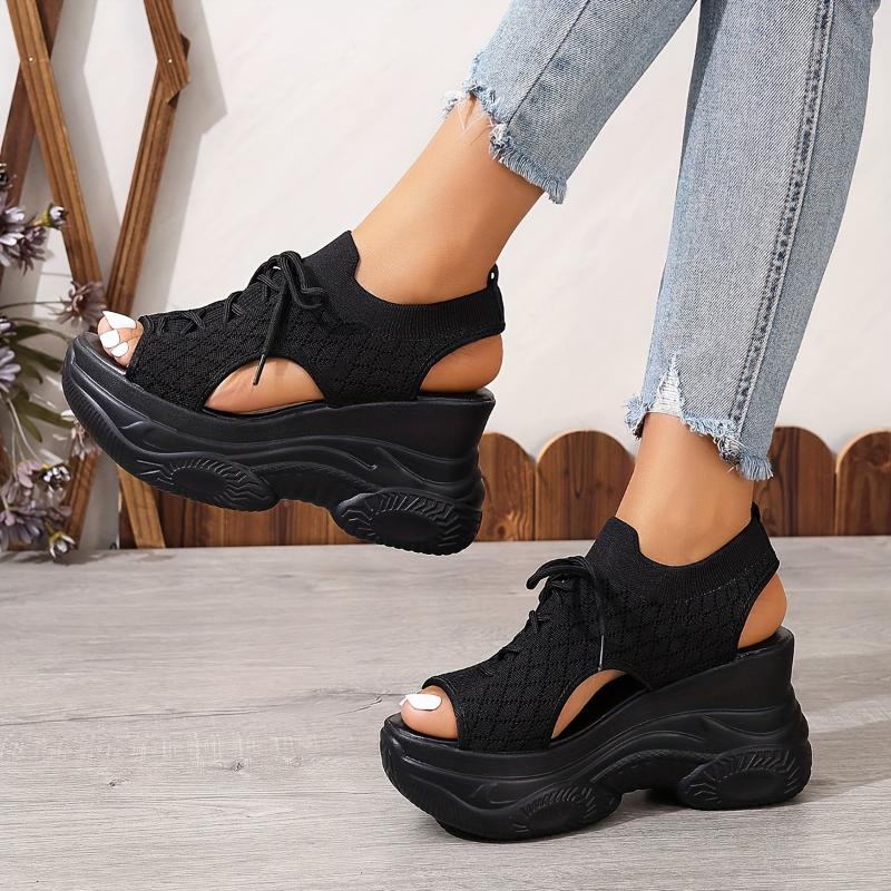 Breathable Knit Elastic Women's Summer Platform Wedge Sandals, Open Toe ...